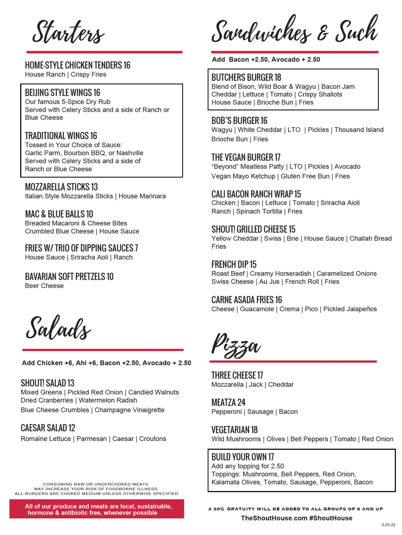 Downtown San Diego Restaurant | The Shout! House Menu
