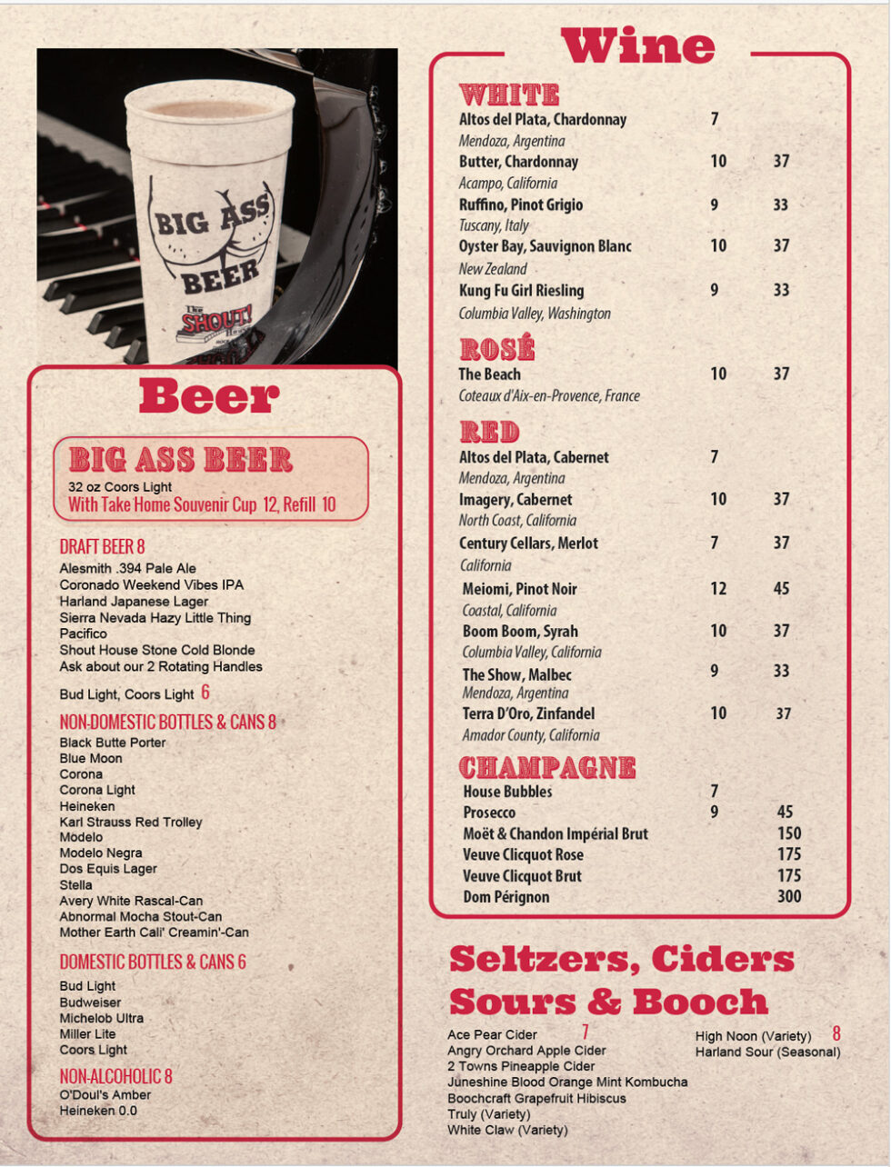 Downtown San Diego Restaurant | The Shout! House Menu